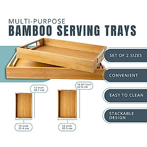 Set of 2 Decorative Serving Trays - Bamboo + Silver Stainless Steel Handles - Coffee Table or Ottoman Tray for Breakfast in Bed Jewelry, Decor Organization - 12"x17" - Pure Bamboo Finish