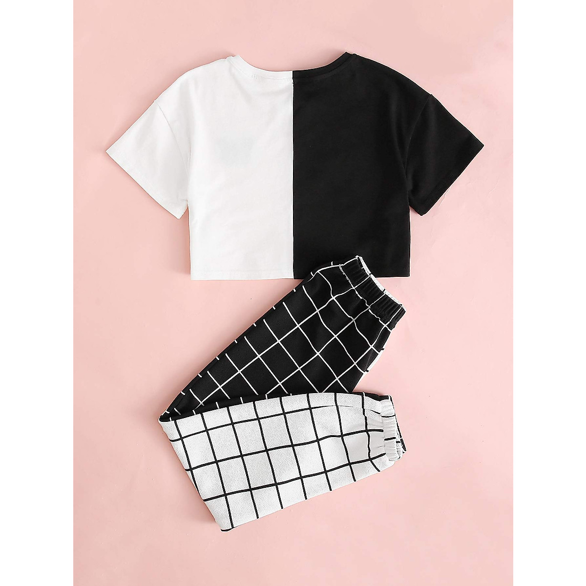 SOLY HUX Girl's 2 Piece Outfits Colorblock Butterfly Tee Top and Plaid Pants Set Black White 10Y
