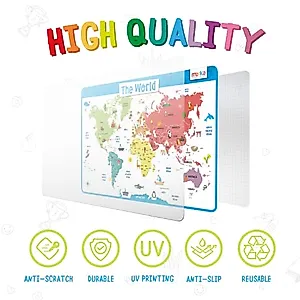 merka Kids Placemat Kids World Map Kids Placemats for Dining Table World Atlas Map Countries Continents and Oceans Non-Slip Reusable Placemats
