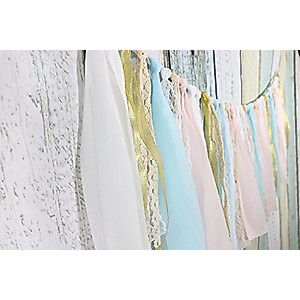Fabric Tassel Garland Rag Tie Garland Shabby Chic Blush Banner for Wedding Decor Baby Shower Party Decor Home Decor Wall Hanging Boho Decor Birthday Banner (Pink+Gold+Blue)