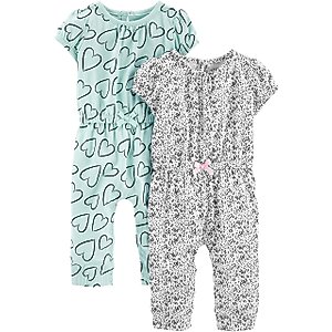 Simple Joys by Carter's Baby Girls' 2-Pack Fashion Jumpsuits, Mint Green Hearts/White Dots, 18 Months