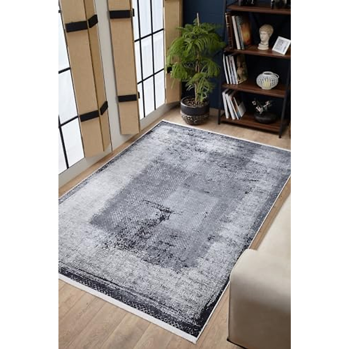 BESPOKY 2'7" x 13'1" - 80 x 400 Cm Jamshedpur Grey Framed Cotton Machine Washable Non Slip Living Room Bedroom Nursery Hallway Indoor Outdoor Area Rug