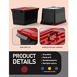 WYT 17 Quart Stackable Plastic Storage Bins with Red Lids, 4 Pack Black Containers with Latching Buckles and Handle, Durable Nestable Boxes Organizing for Closet, Garage, Tool Room