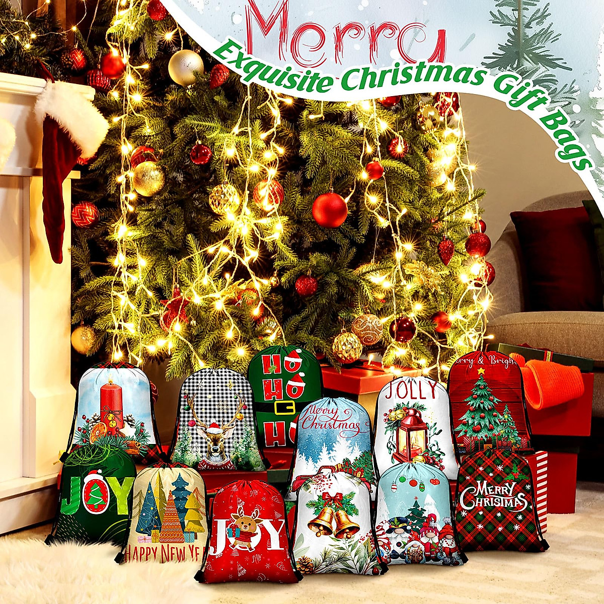 Boao 24 Pcs Christmas Gift Bags Christmas Drawstring Gift Bags Holiday Drawstring Bags for Xmas Holiday Presents Party Favor Wrapping Decorations Supplies