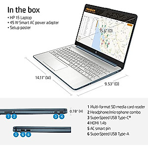 HP 15 15.6" FHD IPS Laptop, AMD Ryzen 5 5500U (6-core, 4.0 GHz), Webcam, USB-C, HDMI, AMD Radeon Graphics, Blue, Full-Size Keyboard, Windows 11, Bundled with HDMI Cable (16GB RAM | 512GB SSD)