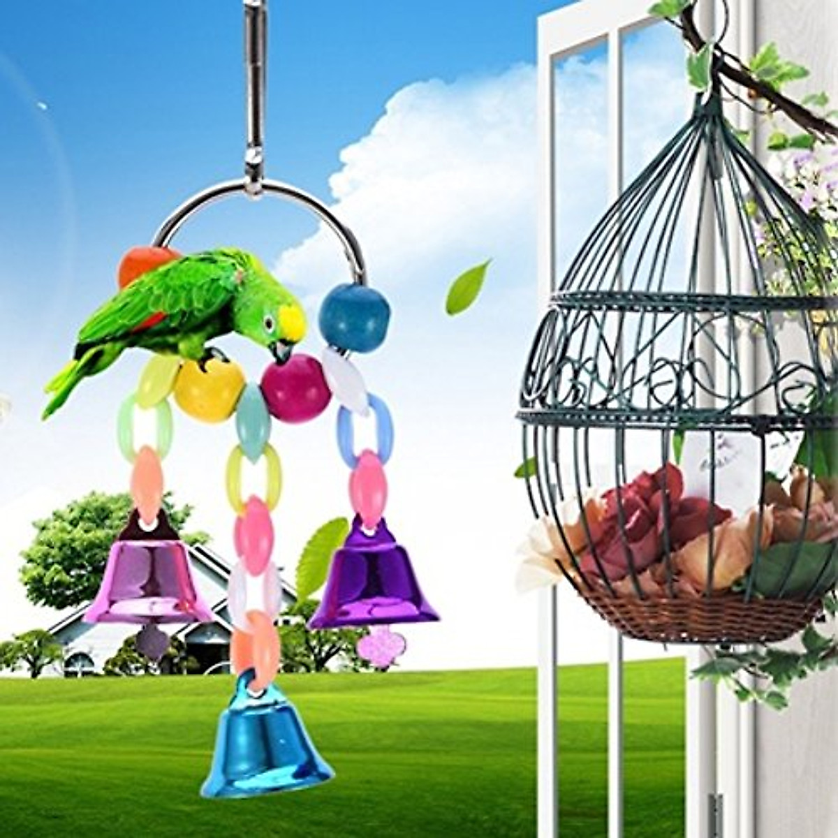 Shuohu Bird Chewing Toy,Pet Bird Bell String Chain Parrot Bite Hanging Cage Decoration Random Color
