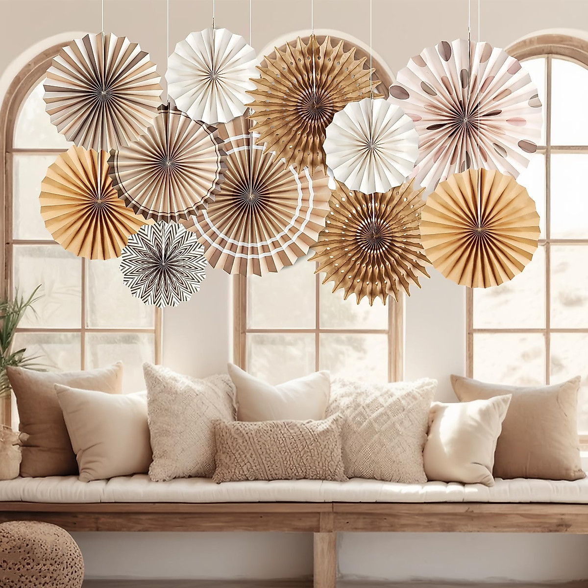 Easy Joy Boho Hanging Paper Fans White Brown Champagne Party Decorations Neutral Rustic Paper Fans Classroom Decoration for Baby Shower Birthday Wedding Bridal Party