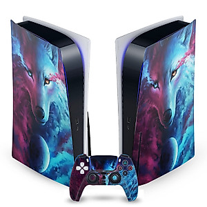 Head Case Designs Officially Licensed Jonas "JoJoesArt" Jödicke Wolf Galaxy Art Mix Vinyl Faceplate Gaming Skin Decal Compatible With Sony PlayStation 5 PS5 Disc Edition Console & DualSense Controller