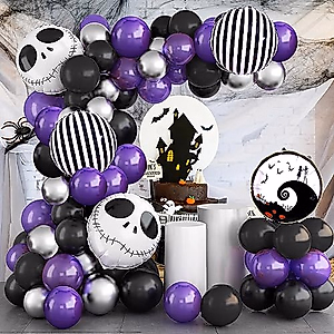 Nightmare Balloons Decorations Before Christmas Skull Halloween Party Decorations Balloon Garland Kit - Purple Black Balloon Arch with Skull Balloons for Halloween Birthday Baby Shower, Day of the Dead Decorations