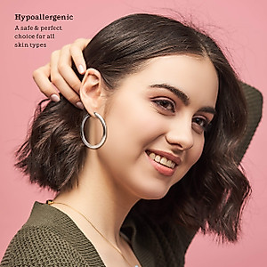 KEZEF Sterling Silver Hoop Earrings for Women, Girls and Men | 4mm High Polished Lightweight Silver Hoops | 45mm Diameter | Chunky Hoop Earrings