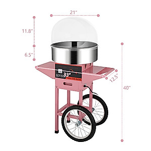 ROVSUN 21 Inch Cotton Candy Machine Cart, Electric Cotton Candy Maker Candy Floss Machine w/Cover, Stainless Steel Bowl, Sugar Scoop and Large Storage Drawer for Commercial Home Party Carnival, Pink