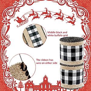 2 Rolls 12 Yards Buffalo Plaid Ribbons Burlap Wired Edge Plaid Ribbons 1.5 Inch Wide Check Gingham Fabric Craft Ribbon for Gift Wrapping DIY Bows Decoration Home Party Decor