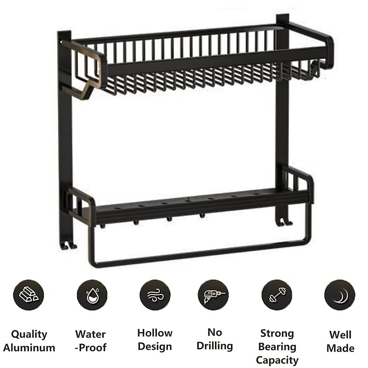 Bathroom Shelf Over The Toilet Storage Shelf 2 Tiers Floating Shelves Wall Mounted Bathroom Shelves Black Metal Bathroom Storage Organizer with Towel Bar and Removable Hooks
