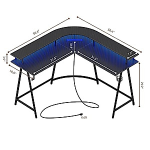 SUPERJARE L Shaped Gaming Desk with Power Outlets & LED Lights, Carbon Fiber Surface, Computer Desk with Monitor Stand, Home Office Desk Corner Desk with Cup Holder & Hooks, Black