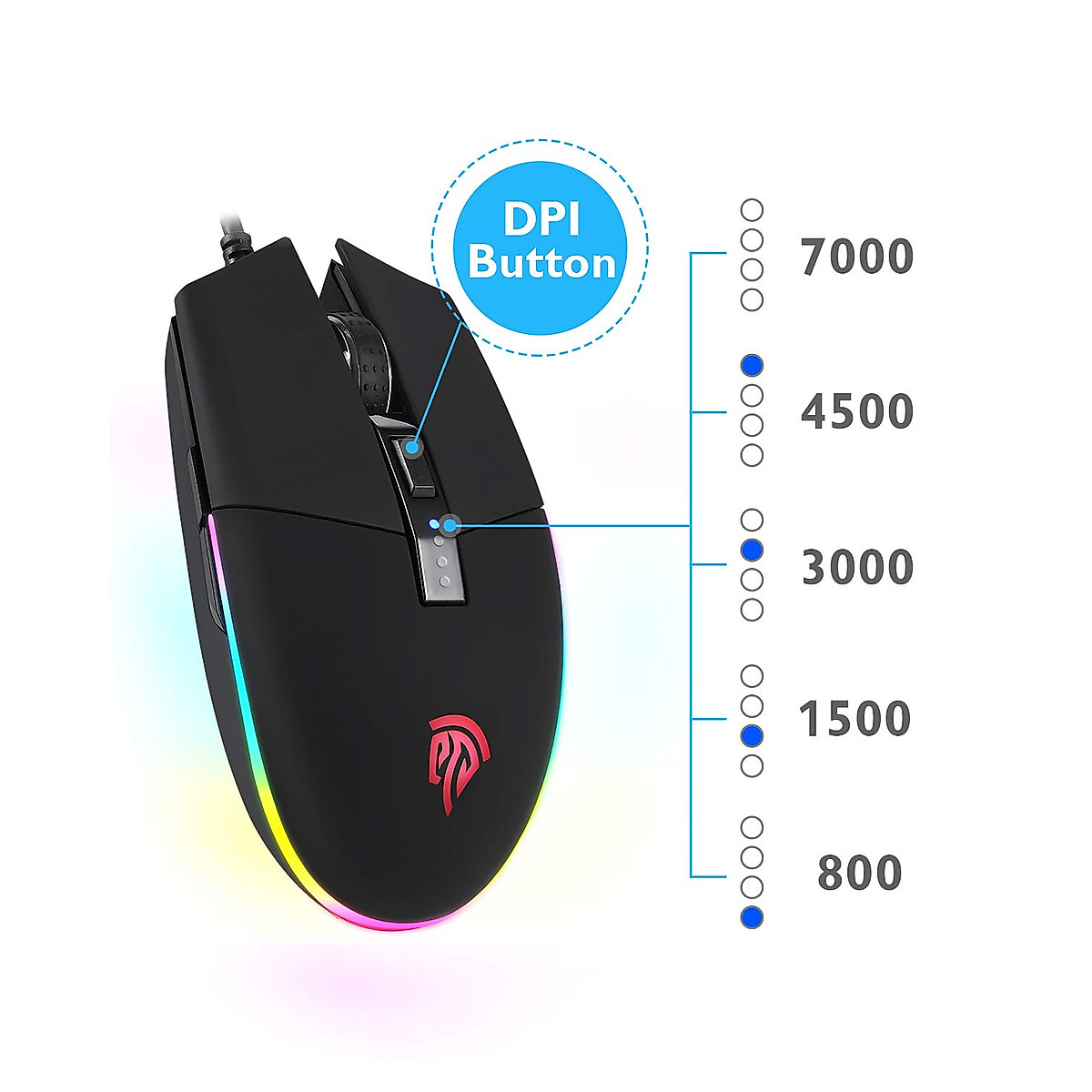 EasySMX V50 RGB Wired Gaming Mouse, Ergonomic Computer Mouse with 5 Programmable Buttons, 22 Preset Macros for PUBG, 5 DPI Settings, LED Backlit USB Mouse for Laptop/PC/Windows/Linux/Mac