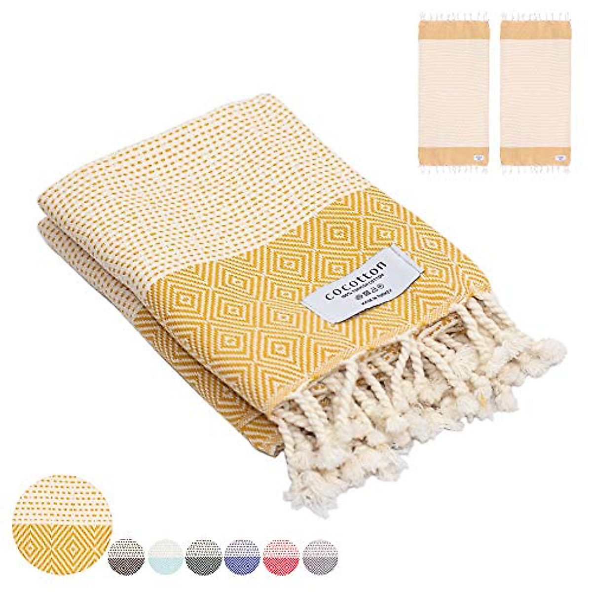 COCOTTON Boho Diamond Turkish Hand Towels Set of 2 | 100% Cotton 16 x 40 Inches | Decorative Bathroom Hand Hair Face Gym Yoga Dishcloth Tea Kitchen Light Weight Quick Dry Farmhouse Towel (Mustard)