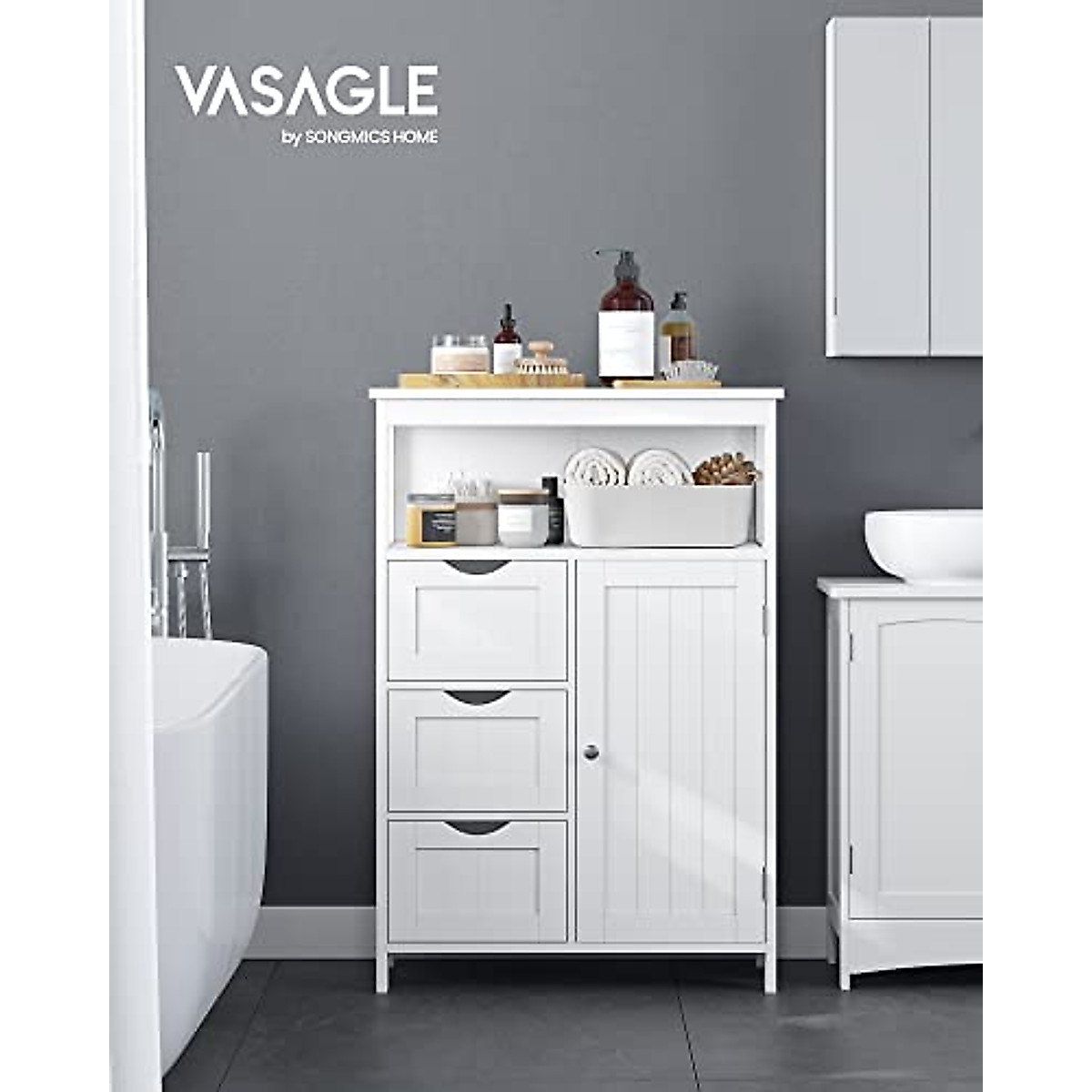 VASAGLE Bathroom Floor Storage Cabinet, Bathroom Storage Unit with 3 Drawers, Bathroom Cabinet Freestanding, Adjustable Shelf, 11.8 x 23.6 x 35.4 Inches, White UBBC542P31