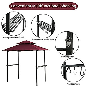 Outdoor Grill Gazebo, 5FT x 8FT Double Tiered Replacement Canopy Grill,Shelter Tent, BBQ Gazebo Roof Top Gazebo and Steel Frame Canopy with Hook and Bar Counters (Wine Red)