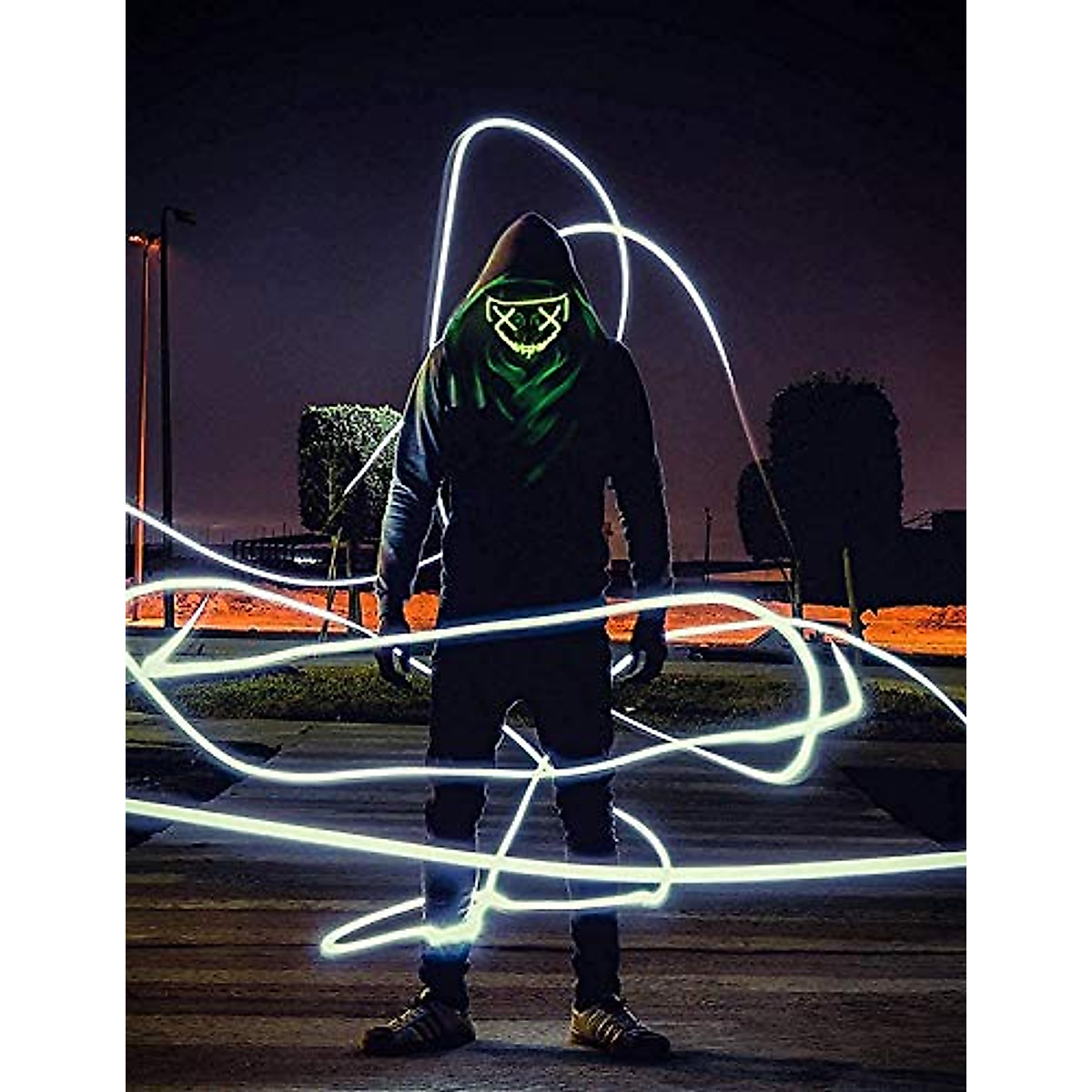 Depointer Halloween Scary Mask Cosplay Led Costume Mask EL Wire Light up Halloween Festival Party(Ice Blue&Pink)