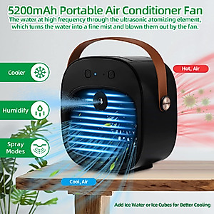 Portable Air Conditioners Rechargeable, 5200mAh Mini Air Conditioner, Personal Air Cooler with 3 Speeds, Small Desk Air Conditioner for Bedroom, Office, Outdoor