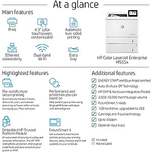 HP Color Laserjet Enterprise M555x Single-Function Wireless Laser Printer with 3 Paper Trays, White - Print only - 4.3" Touchscreen, 40 ppm, 1200 x 1200 dpi, Auto Duplex Printing, Cbmou Printer Cable