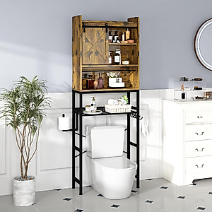 Lamerge Over The Toilet Storage Cabinet, Bathroom Toilet Rack with Barn Door, Freestanding Bathroom Organizer Over Toilet with Adjustable Shelf, Paper Hook, Space Saver Toilet Stands, Retro Brown