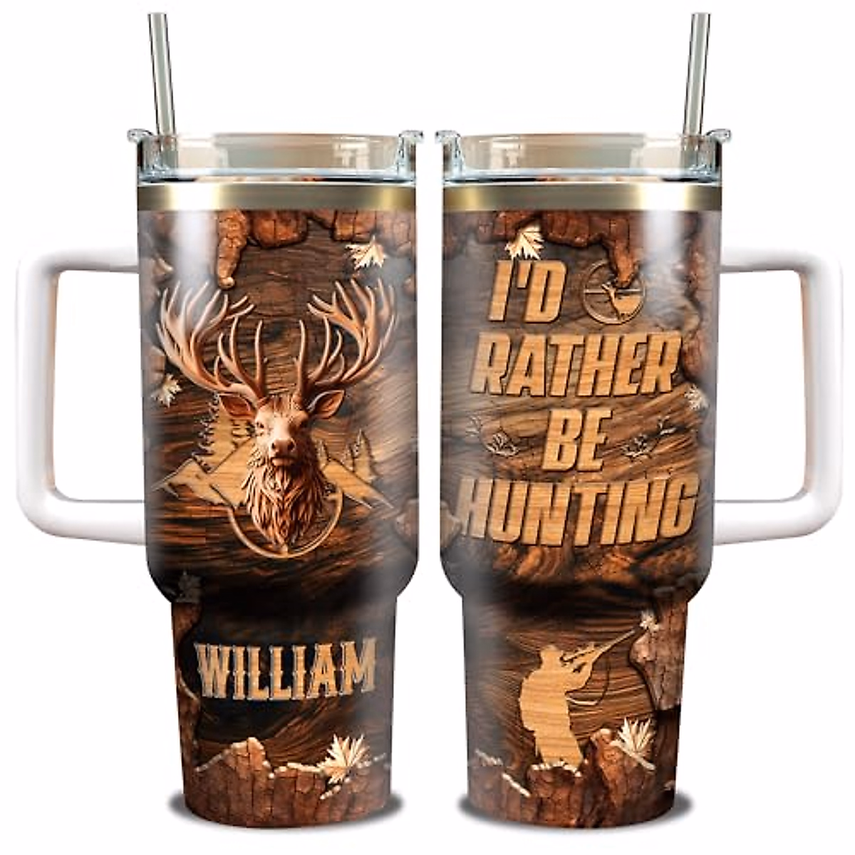 WAZONE Personalized I'd Rather Be Hunting 40oz Tumbler with Handle Lid and Straw Customized Name Stainless Steel Tumblers Travel Mug Cup Gift Birthday Christmas for Women Her Deer Hunter