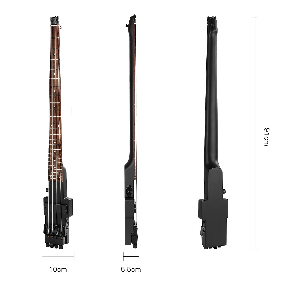 Batking Travel Bass Guitar, Headless Electric Bass 4 Strings in Black Color with Gigbag