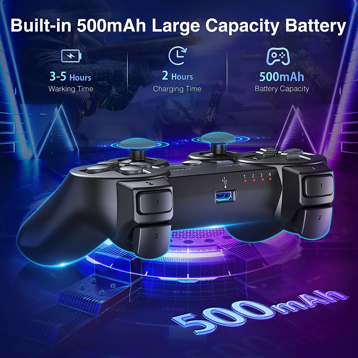 Powerextra Wireless Controller for PS3, 2 Pack High Performance Gaming Controller with Upgraded Joystick Double Shock for Play-Station 3 (Black and Blue)