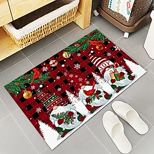 Christmas Gnome Kitchen Rugs and Mats Set of 2 Snowflake Red and Black Buffalo Plaid Xmas Kitchen Mat,Non-Slip Area Runner Rug,Washable Floor Mat for Home Dining Room Office 16x24in+16x47in