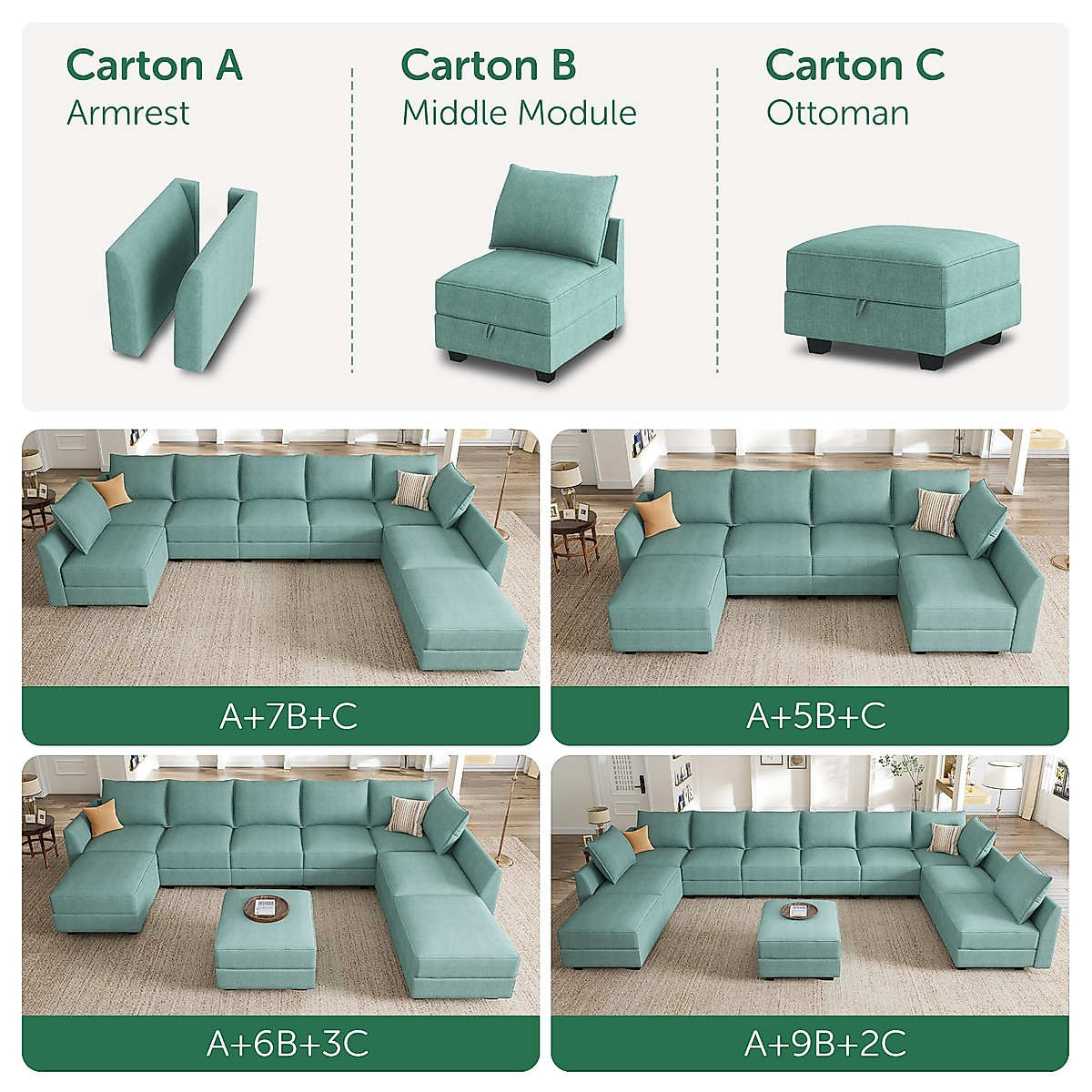 HONBAY Modular Sectional Couch with Storage Modern Modular Couch U Shaped Sectional Sofa for Living Room, Aqua Blue