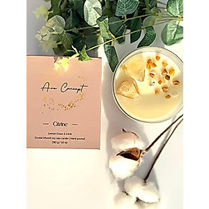 Healing Crystal Candle, Scented Candle Infused Citrin, Clear Quartz Crystals, Lemon Grass&Litchi Scented, Positivity, Energy, Cleansing Wellness, Gift for Women, Aromatherapy Clean Vegan 10Oz Jar