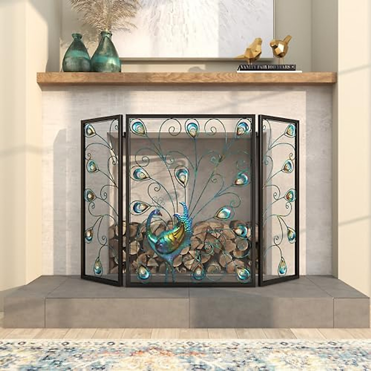 Deco 79 Metal Peacock Fireplace Screen Rainbow 3 Panel with Crystal Accents and Black Frame, 48" x 1" x 32", Blue