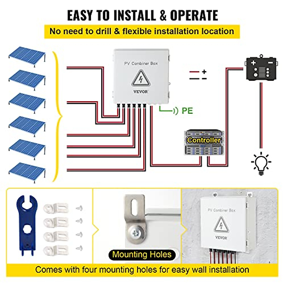 VEVOR PV Combiner Box, 6 String with 15A Rated Current Fuse, 125A Circuit Breaker, Lightning Arreste Connector for On/Off Grid Solar Panel System, IP65 Waterproof, White