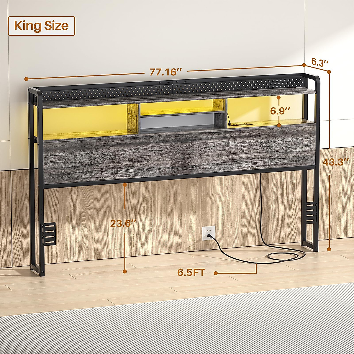 Unikito Headboard for King Size Bed with Storage Shelf, Head Board with 3 Outlets and 2 USB Ports, Headboards with RGB LED Light, Height Adjustable, Sturdy and Stable, Easy Assembly, Black Oak