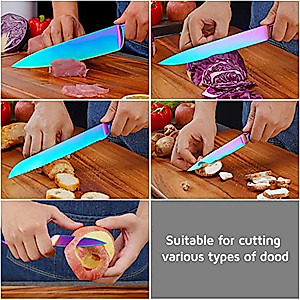 WELLSTAR Kitchen Knife Set 5 Piece, Razor Sharp German Stainless Steel Blade and Comfortable Handle with Rainbow Titanium Coated, Chef Carving Bread Utility Paring for Cutting and Peeling, Gift Box