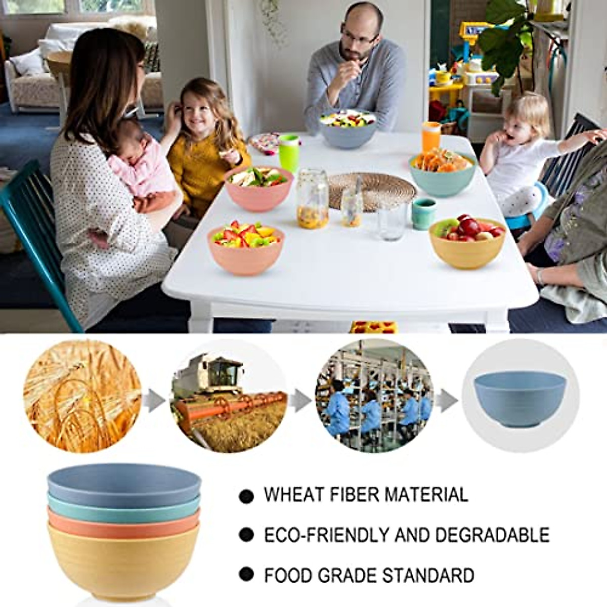 RUIBOLU (Set of 6 Unbreakable Cereal Bowls 24 OZ Microwave and Dishwasher Safe BPA Free E-Co Friendly Wheat Straw Fiber Lightweight Bowl (Tableware)