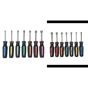 14 Piece SAE and Metric Professional Automotive Nut Driver Set Color Coded Nonslip TPR Hand Grips and 3-inch Hollow Shaft