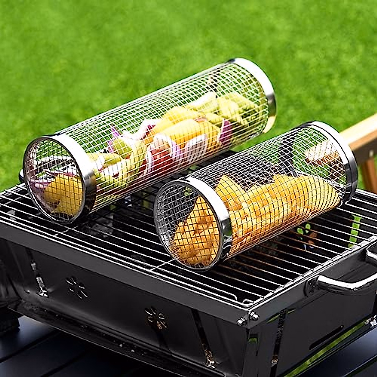 OQOPO BBQ Net Tube, Rolling BBQ Grilling Basket, Outdoor Picnics BBQ Grill Stainless Steel Mesh Versatile Cylinder Grill Cooking Accessories for Vegetables,Fries,Meat,Fish BBQ Net Tube (2Pcs)