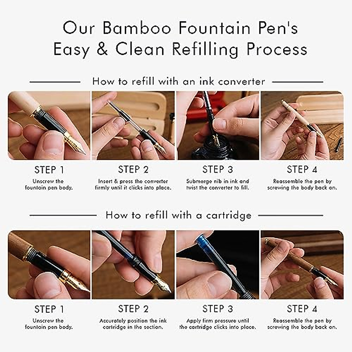 Wordsworth & Black's Fountain Pen Set, Luxury Bamboo Wood - Medium Nib, Gift Case; Includes 6 Ink Cartridges, Ink Refill Converter -Journaling, Calligraphy; Drawing, Smooth Writing [Rosewood]