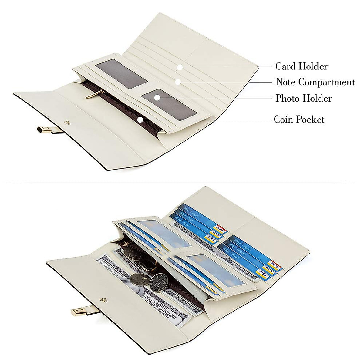 CLUCI Leather Wallet for Women Slim Designer Trifold Ladies Credit Card Holder Cream White