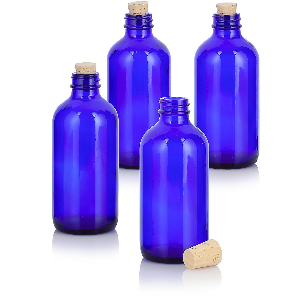 JUVITUS (4 Pack) 8 oz Cobalt Blue Boston Round Thick Plated Glass Bottle with Cork Stopper