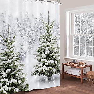 GOOESING Christmas Tree Shower Curtain Winter Forest Pine Tree Snowflake Snowfall Natural Scene Bathroom Shower Curtains for Bathtub Decoration with Hooks 60x72 Inch