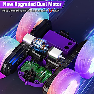 28℃ Remote Control Car for Boys, Drift High Speed RC Cars, 4WD 2.4Ghz Rechargeable RC Truck with Double Sided 360 Flips and Headlights Wheel Lights, Off-Road Stunt Toy Car for Kids Boy Girls (Purple)