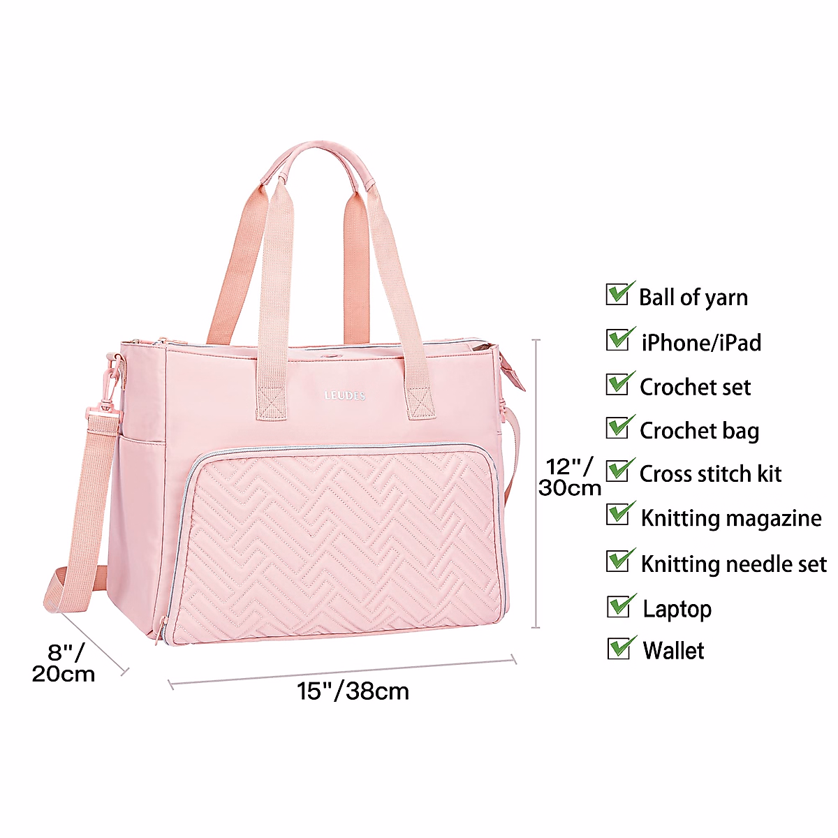 Leudes Crochet Tote Bag, Knitting Bag Fits 15.6 Inch Laptop Yarn Storage Organizer Large Yarn Holder Hook Case for Knitting & Crochet Supplies (Pink)