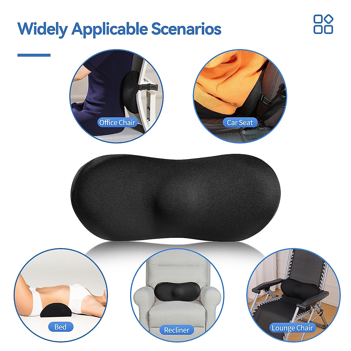 SHAKERINO Lumbar Support Pillow – Memory Foam Lumbar Pillow for Lower Back Support, Back Cushion with Strap for Pain Relief, Perfect Lumbar Support Pillow for Office Chair, Car Seat, Bed, Recliner