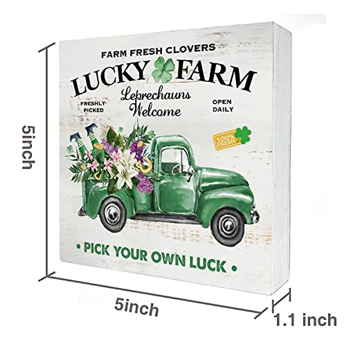 Lucky Farm Shamrock Wood Box Sign Decor Rustic Green Pickup St. Patrick's Day Wooden Box Sign Block Plaque for Wall Tabletop Desk Home Decoration