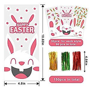 LOMIMOS Easter Cellophane Treat Bags,Rabbit Candy Cookie Packing Bags with Twist Ties, 90pcs