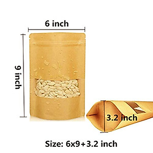 Kraft Paper Bags With Frosted Window And Zip Lock Decorative Heavy Duty Heat Seal Recycled Resealable Mylar Stand Up Pouches Bags Sealable For DIY Food Snack Cookies Candy Coffee Popcorn (6x9+3.2inch)