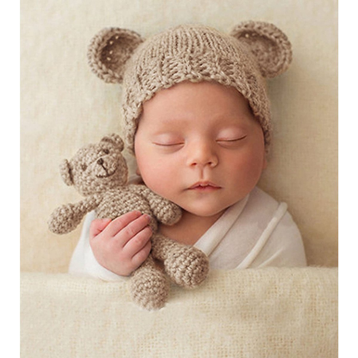 ISOCUTE Newborn Photography Outfits Baby Photoshoot Props Boy Girl Hat Bear Infant First Picture Photo Gift Box Khaki